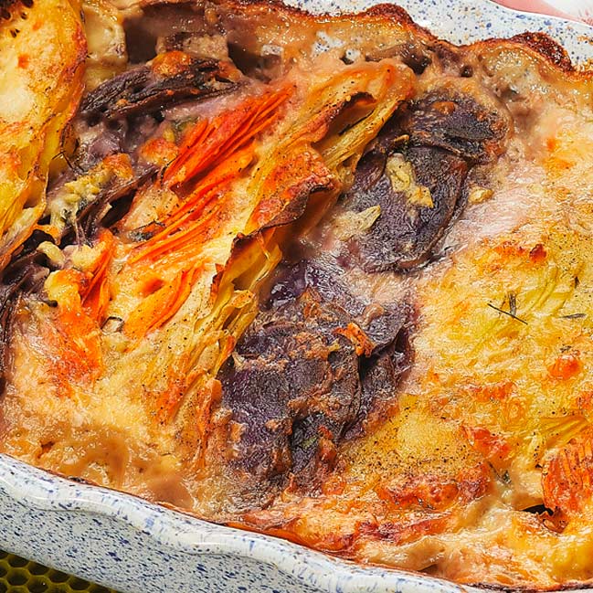 Rainbow Root Veggie Gratin Holiday Dish Recipe - lollygag