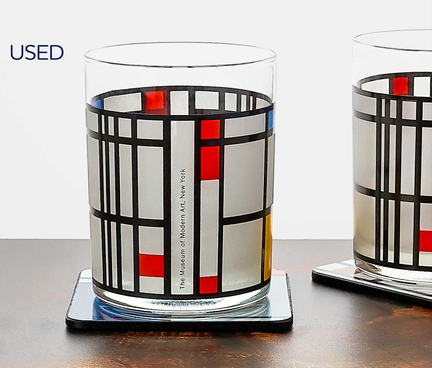 Rare Moma Mondrian Glass Tumbler and Coasters set