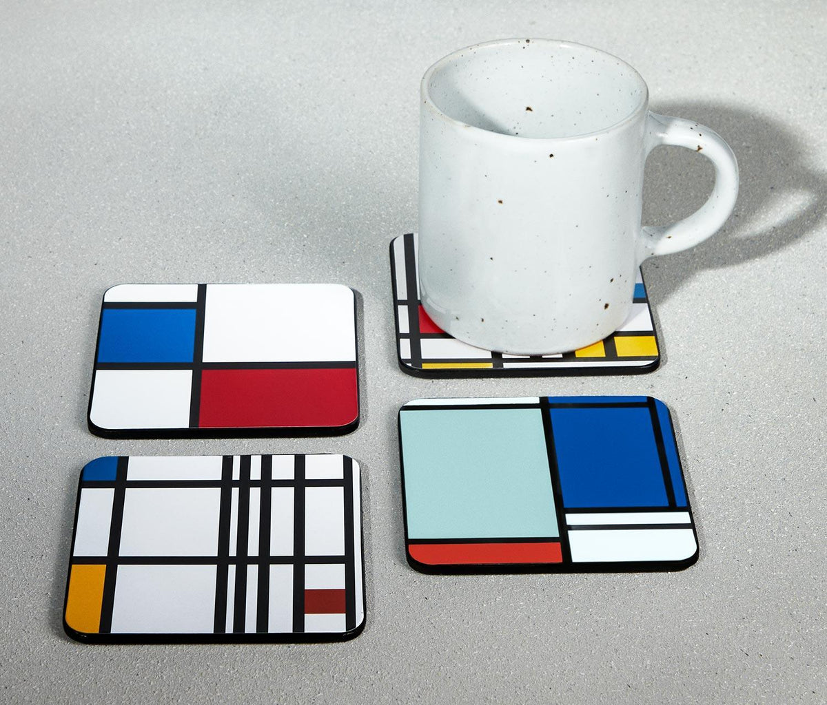 Rare Moma Mondrian Glass Tumbler and Coasters set