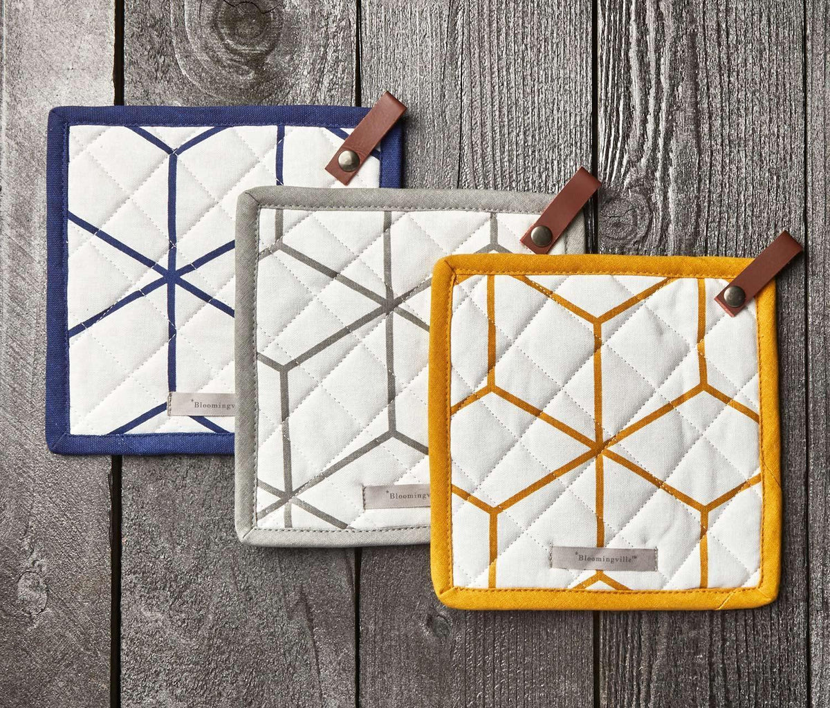 Modern Geo Patterned Leather Cotton Pot Holders Set